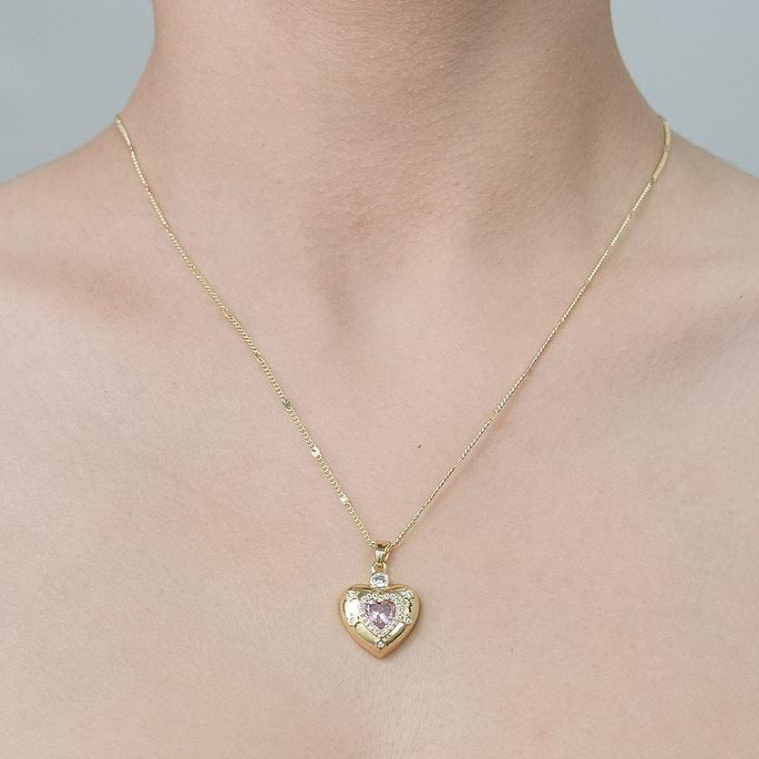 Charming Pink Crystal Heart Chain Necklace SK592 – Sukikawaii